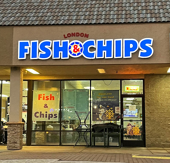 Even at night, London Fish & Chips glows with promise – a beacon of crispy, golden goodness waiting to satisfy your seafood cravings.