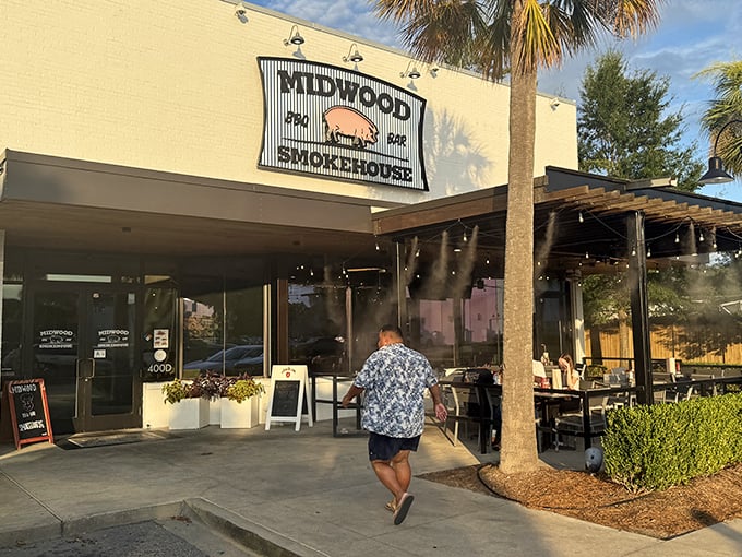 The inviting entrance of Midwood welcomes barbecue enthusiasts of all stripes. Where smoke signals translate to "come on in."