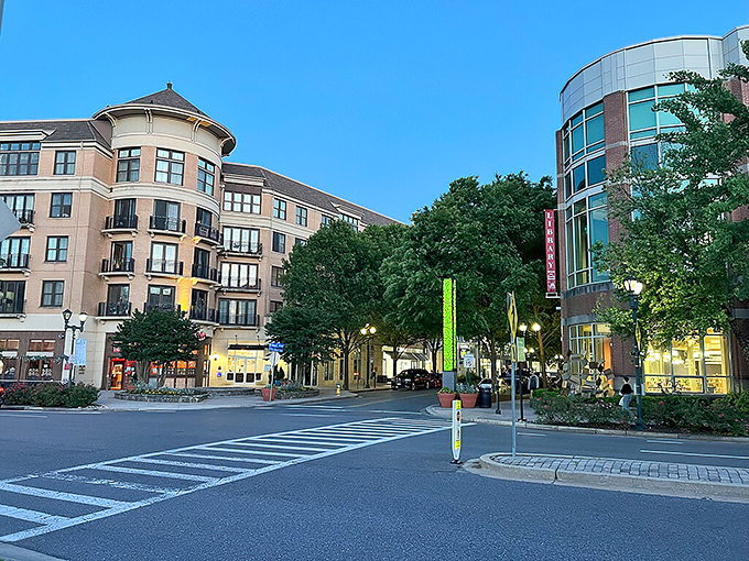 Evening settles over Rockville Town Center, where modern architecture creates inviting spaces for community to happen naturally.