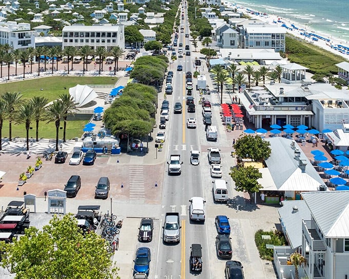The bird&rsquo;s-eye view of Seaside's main street reveals a carefully planned paradise where cars take a backseat to bicycles and afternoon strolls.