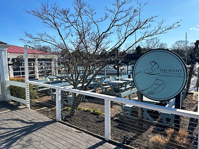 The Point's deck overlooks boats bobbing gently in the marina. Seafood tastes better when you can see where it came from!