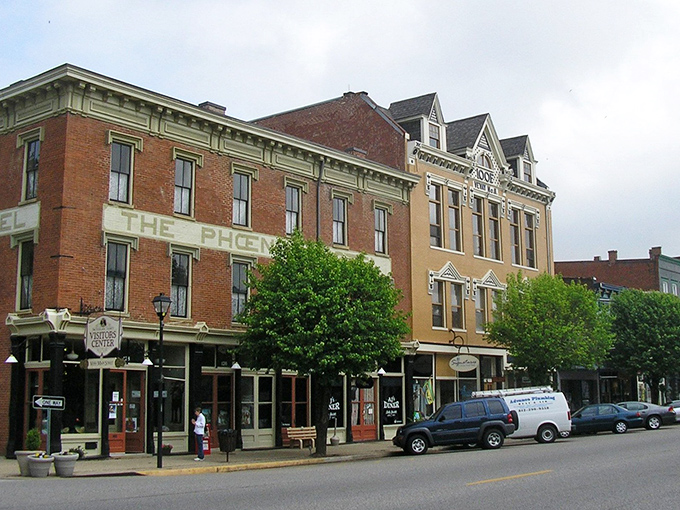 The historic buildings of downtown Vevay stand as testaments to small-town America's enduring appeal and architectural heritage.