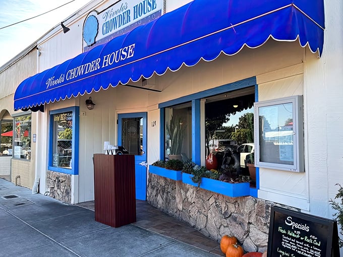 Stone facade, cheerful blue trim, and a sign that promises exactly what you want &ndash; Vivolo's Chowder House keeps it refreshingly simple.