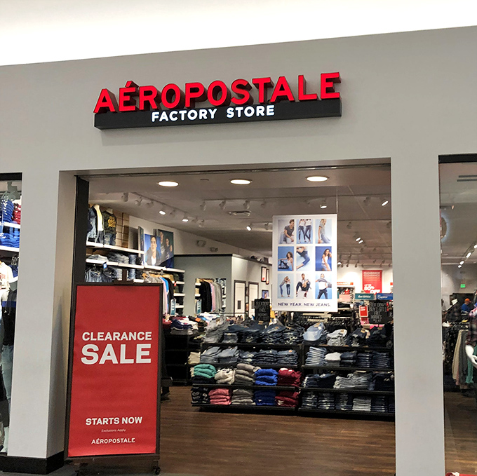 Aeropostale's clearance signs practically shout "your teenager's wardrobe crisis ends here" in neon red.