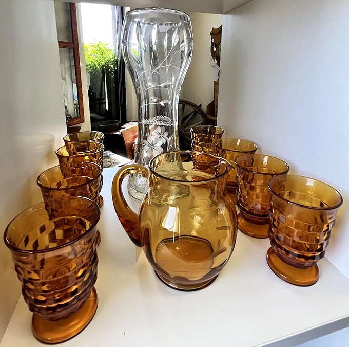 Amber glassware catches the light like liquid honey – this mid-century modern set would elevate even your basic Tuesday night beverage.