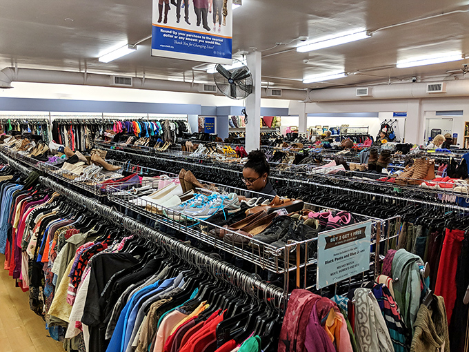 The clothing section stretches as far as the eye can see, a textile landscape where patient shoppers are rewarded with wardrobe gems at pocket-change prices.