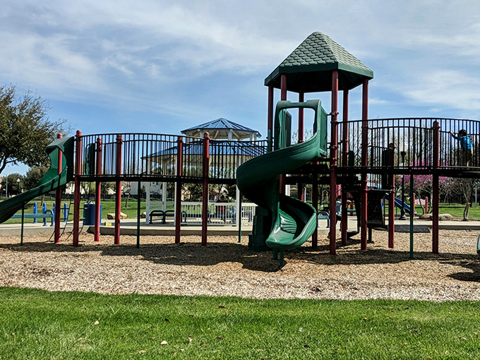Childhood laughter echoes around Aprigold Park's playground equipment, where generations of Patterson kids have conquered the tallest slides.
