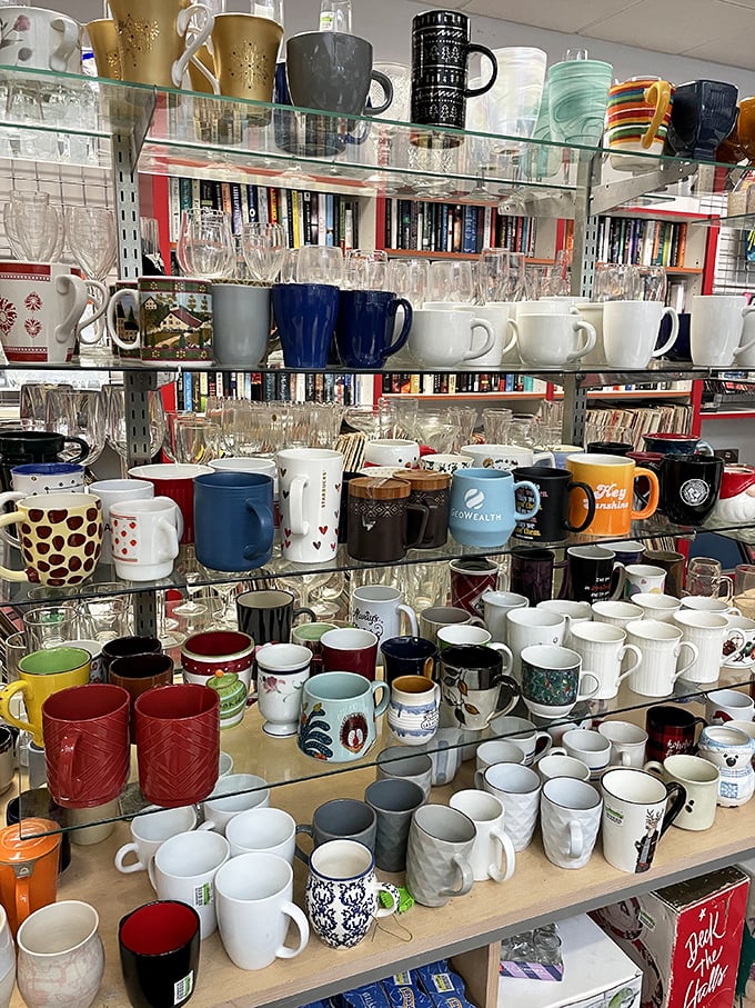 Mug collectors, beware! This display could turn casual browsers into serious collectors. One person's abandoned coffee vessel is another's morning essential.