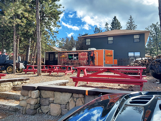 Red picnic tables under mountain skies offer the perfect setting for contemplating life's big questions, like "How soon is too soon for seconds?"