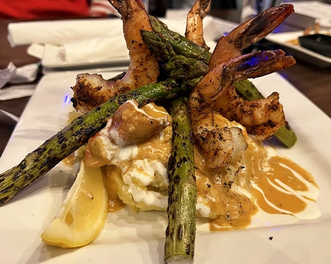 Shrimp standing at attention around asparagus spears like they're guarding something delicious. And they are&mdash;those heavenly mashed potatoes beneath.