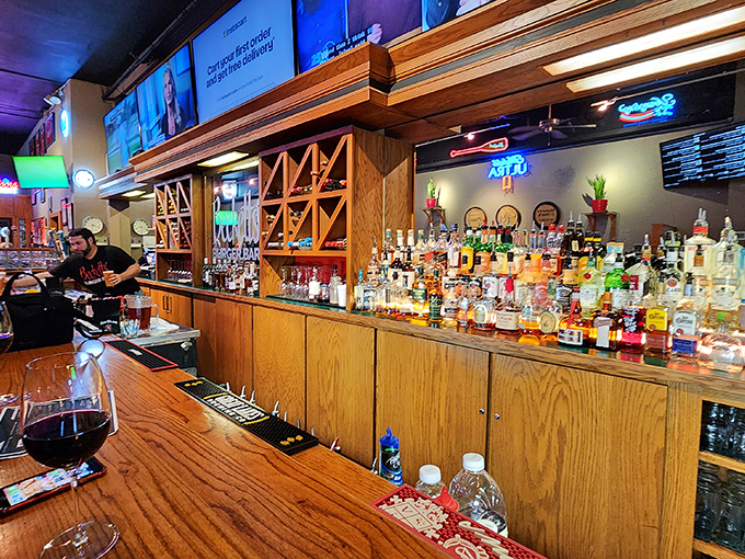 A bar stocked for serious business &ndash; this impressive lineup of spirits ensures your burger can find its perfect liquid companion.