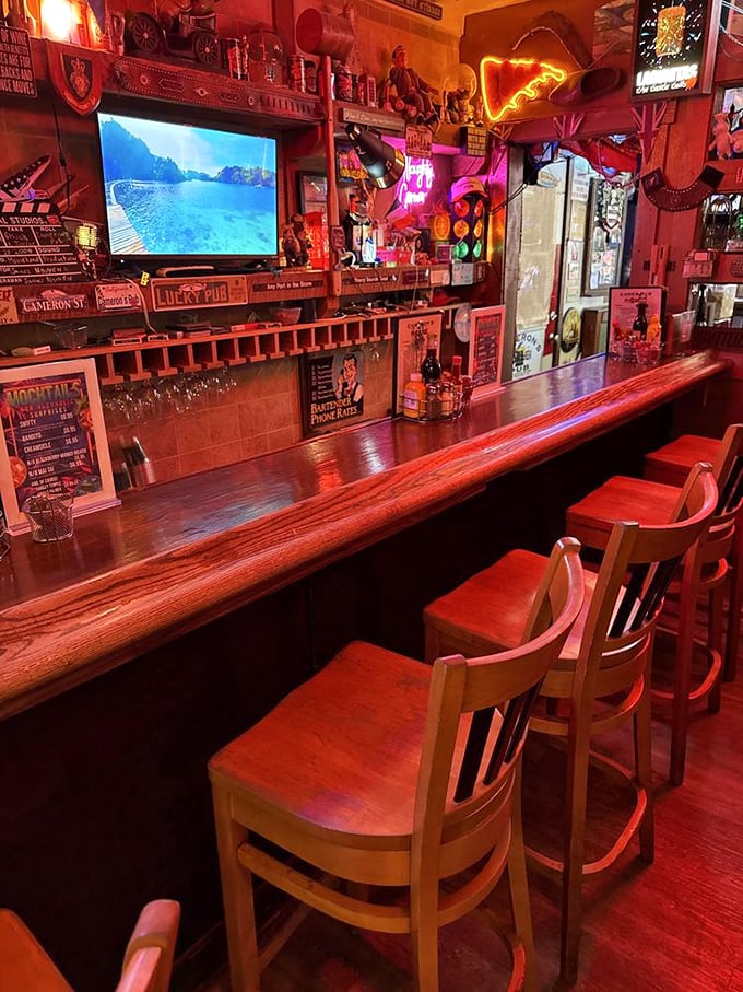 A bar that's seen countless stories unfold, where pints are poured with reverence under the glow of neon and nostalgia.