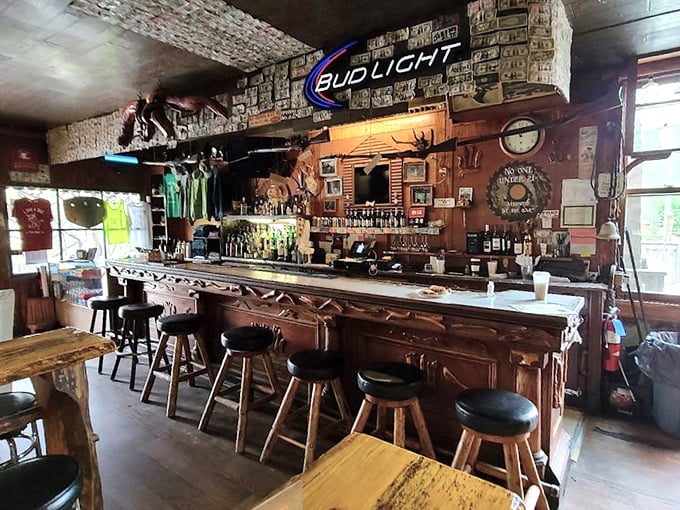 The bar's dollar-bill-covered ceiling tells stories of visitors past, while the antique wooden bar has witnessed more than a century of toasts and tall tales.