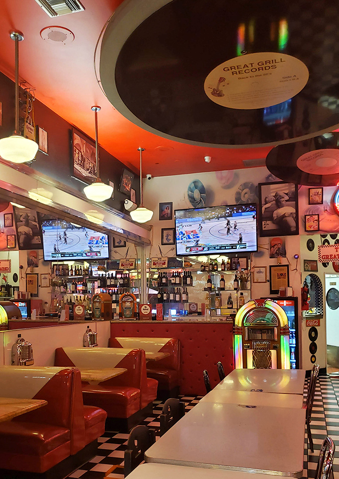 Records on the ceiling spin memories while the jukebox below spins the hits of yesteryear.