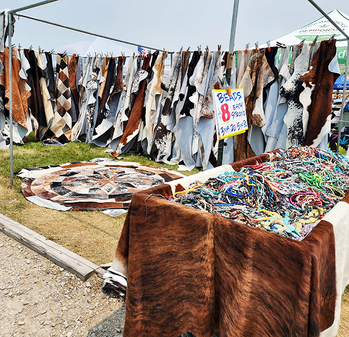 Cowhides and textiles hang like a tactile library of textures, inviting fingers to touch what eyes already admire.