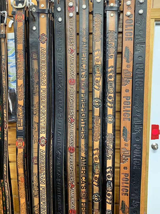 Leather belts with personality&mdash;from firefighters to police&mdash;proving that even in Florida, sometimes you need something to hold up your shorts.