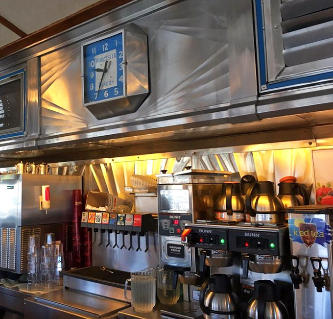 The coffee station &ndash; command central for the lifeblood of any respectable diner, where the Worcester Lunch Car clock keeps time-honored traditions ticking.