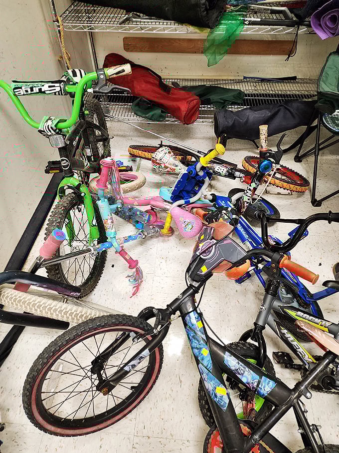 Bicycle bonanza! Kids' dreams come true in this corner where gently-used bikes wait for new adventures and skinned knees.