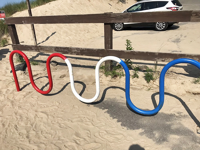 Red, white, and blue bike racks&mdash;patriotic parking for your two-wheeled chariot to this lakeside heaven.