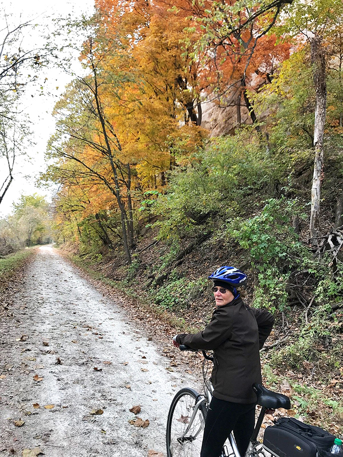 Fall transforms the Katy Trail into a golden corridor where cyclists pause not from fatigue but to soak in nature's spectacular color show.