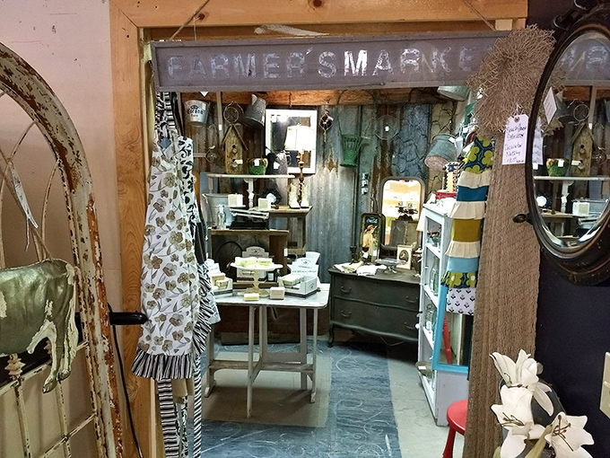 The "Farmer's Market" section offers a curated selection of farmhouse-inspired goods. Rustic meets refined in this thoughtfully arranged booth space.