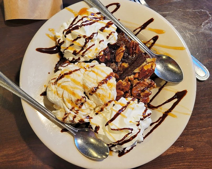 A brownie sundae that understands the importance of ice cream-to-brownie ratio. Chocolate and vanilla dancing together in perfect harmony.