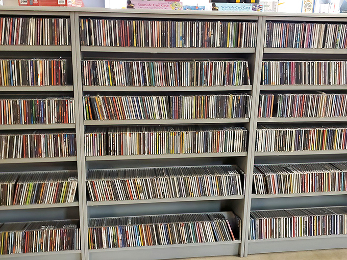 The vinyl revival lives on these shelves, where forgotten albums and once-loved CDs wait for music lovers to discover hidden gems.