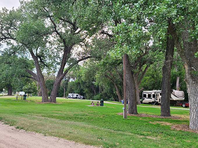 The RV park welcomes travelers under mature trees that have witnessed more history than most textbooks cover.