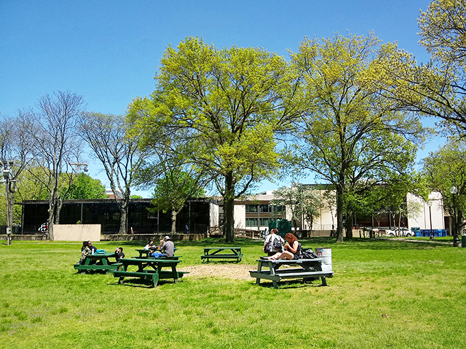 The downtown green serves as Waterbury's living room, a carefully designed public space where city life converges around pathways, monuments, and shared history.
