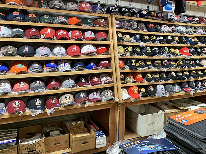 College football loyalty on display! The Alabama and Auburn caps alone could start enough friendly arguments to last through an entire tailgate season.