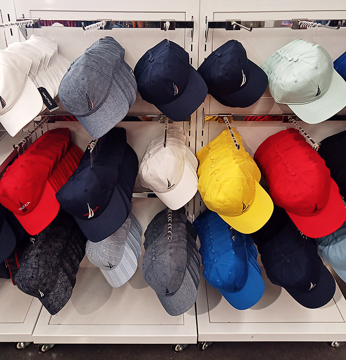 Nautical-themed caps lined up like a regatta of fashion, ready to shield you from both sun and bad hair days.
