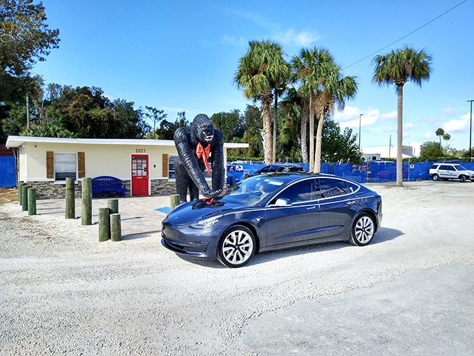 The perfect backdrop for car enthusiasts &ndash; where else can you get your vehicle blessed by a concrete primate demigod?