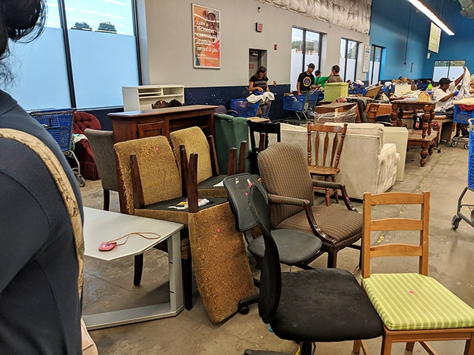 The furniture graveyard where good pieces await resurrection. That office chair could be supporting someone's work-from-home dreams by tomorrow.