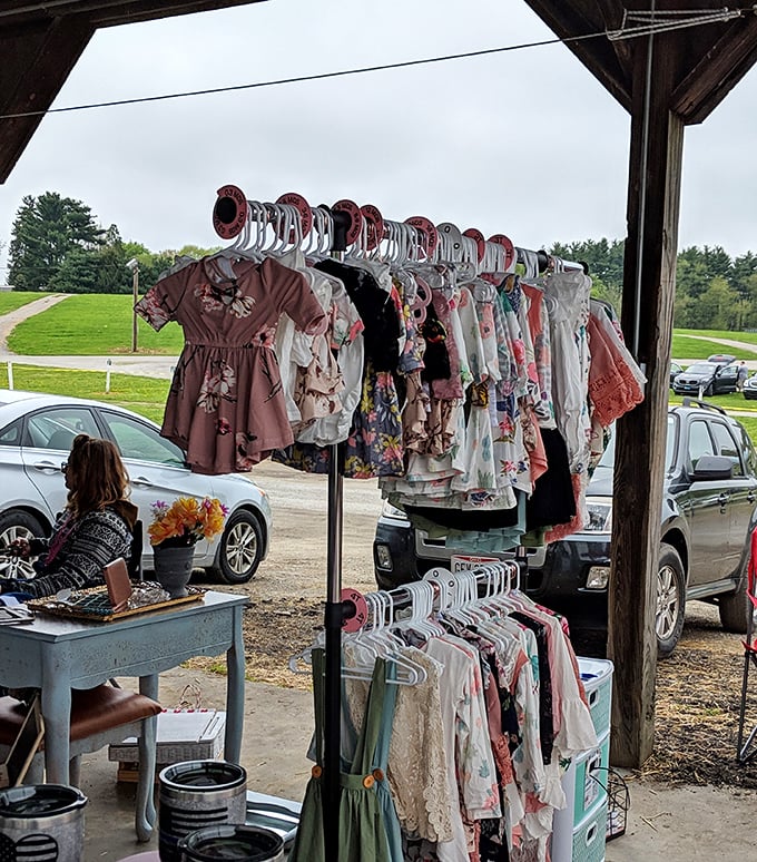 Childhood nostalgia hangs from simple racks&mdash;these floral dresses and delicate fabrics await little ones who'll create new memories in vintage-inspired style.