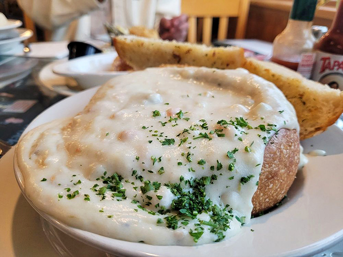 This isn't just chowder—it's a creamy ocean hug in a sourdough bowl. The kind of comfort food that makes rainy coastal days something to look forward to.