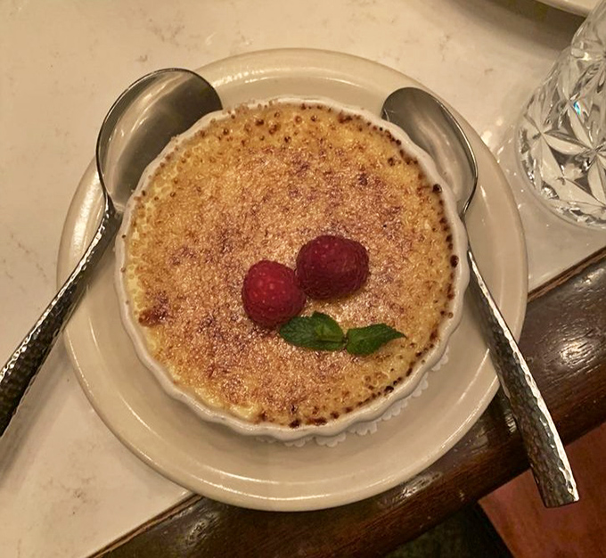 Cr&egrave;me br&ucirc;l&eacute;e with a sunburst finish that makes cracking its surface as satisfying as popping bubble wrap. Those raspberries aren't just garnish &ndash; they're punctuation.