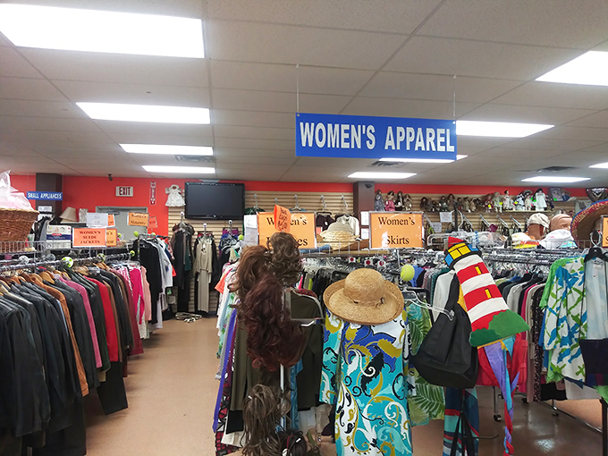 Women's apparel section stretches endlessly, where polyester from the '70s parties with modern fashion refugees.