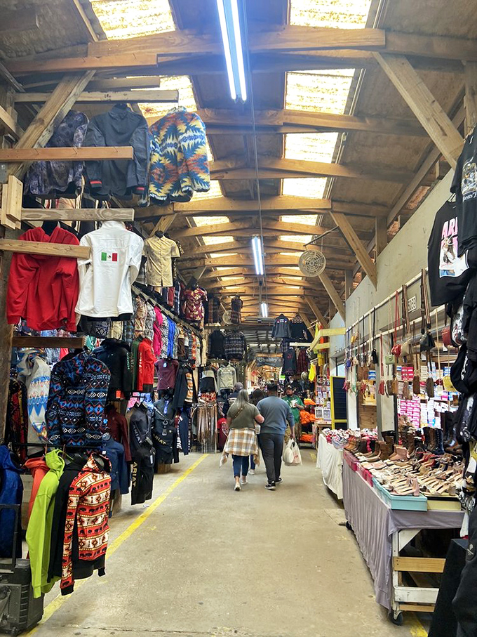 
Fashion alley stretches toward the horizon with options for every style preference. From Mexican flag t-shirts to everyday wear, this corridor has your wardrobe covered. 