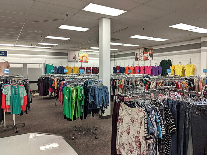 Racks upon racks of clothing create a textile forest where patient shoppers can find designer labels hiding among everyday brands.