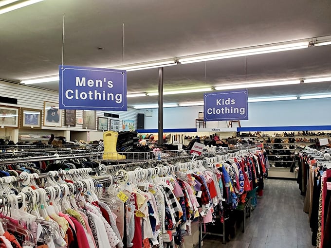 The clothing section: organized chaos where designer labels hide among everyday brands like truffles in ordinary soil, waiting to be discovered.