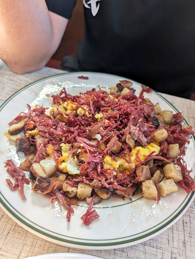 Corned beef hash that's clearly never seen the inside of a can. This glorious mess of meat, potatoes, and eggs is breakfast nirvana. 