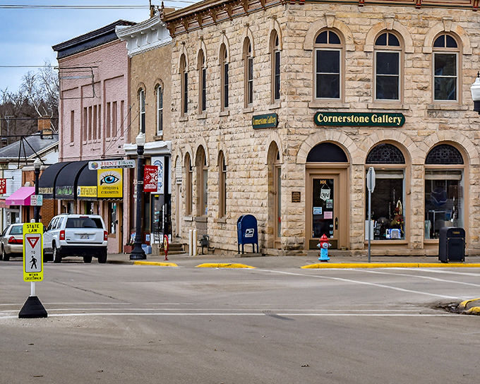 Cornerstone Gallery occupies a limestone building that's survived longer than most modern strip malls will ever stand.