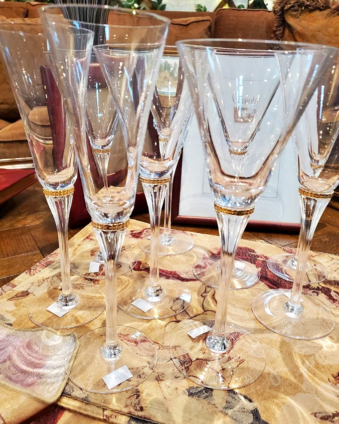 Crystal champagne flutes that have toasted countless celebrations, now waiting to raise a glass to your bargain-hunting victory.
