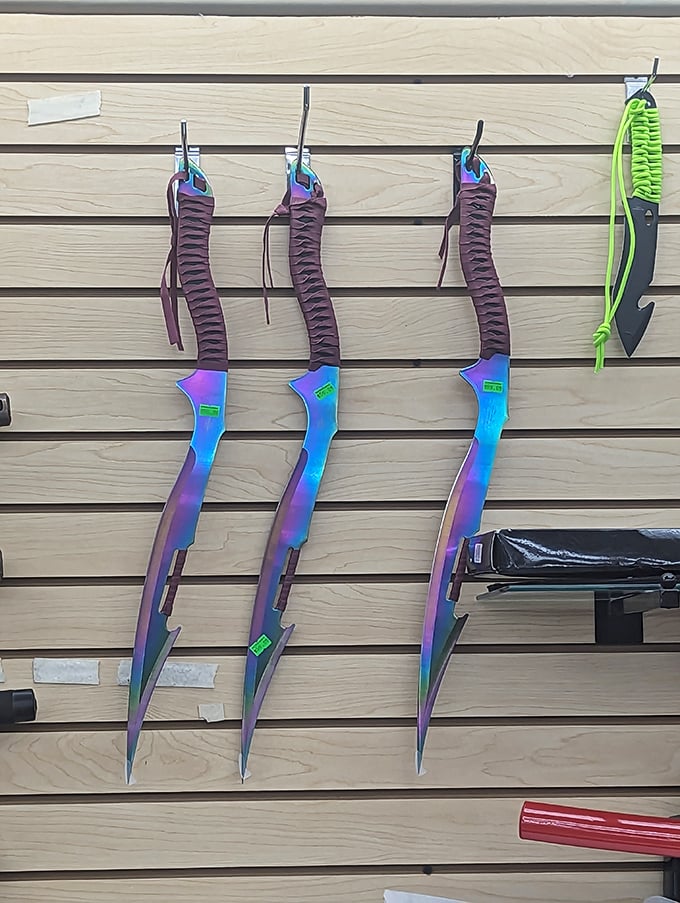 Rainbow-hued blades that would make any zombie apocalypse survivor or eccentric collector equally delighted.