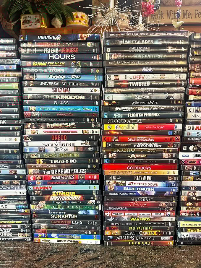 The DVD collection spans blockbusters to obscure indies. Physical media lives on in this analog corner of our streaming world.