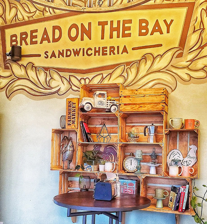 Wooden crates transformed into shelving showcase rooster figurines and vintage items&mdash;proving great design, like great sandwiches, doesn't need to be complicated.