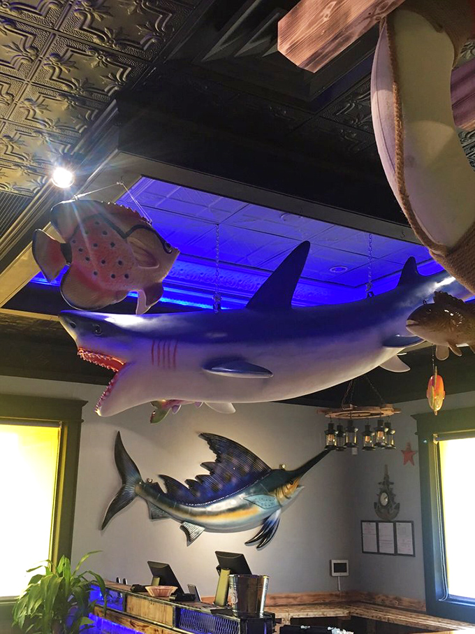 Look up and you're greeted by a shark and marlin suspended from the ceiling &ndash; silent guardians watching over your seafood feast with what I imagine is grudging approval.