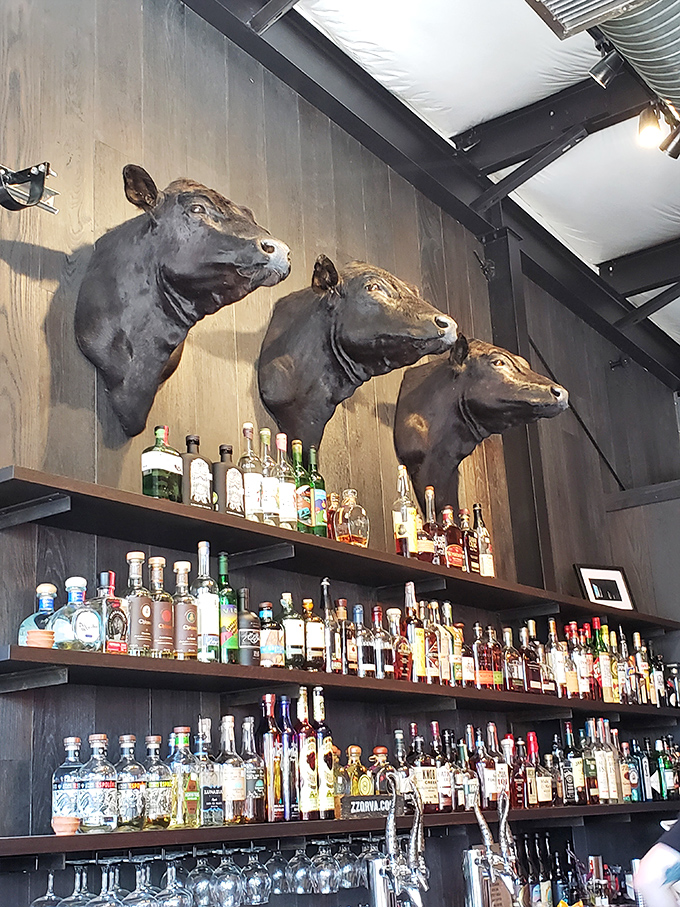 Those mounted cow heads watching over the bar remind everyone exactly what brought them here in the first place&mdash;serious meat.