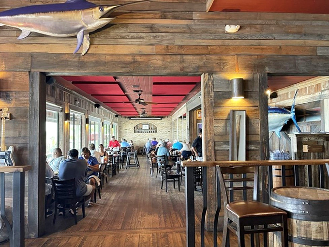 The dining room's wooden warmth embraces you &ndash; like being inside the world's most delicious ship with fish mounted as willing sacrifices.