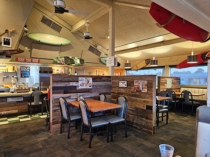 Surfboards suspended from the ceiling like breakfast guardian angels watching over diners as they contemplate their next bite.
